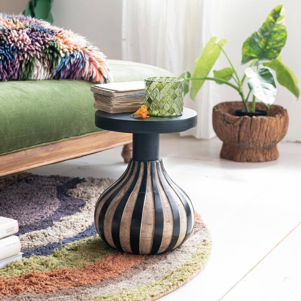 Storied Home 11.5 in. Black and Natural Finish Round Mango Wood End ...