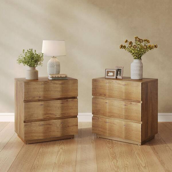 BYBLIGHT Fenley Brown 3 Drawers Wavy Design Nightstand, Rustic Bedside ...