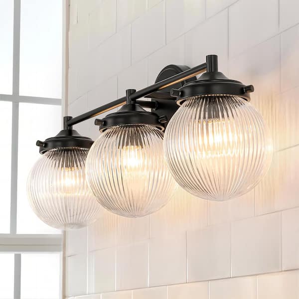 Rennnsan Roxanne 24.4 in. W 3-Light Matte Black Modern Ribbed Glass Globe Bubble Bathroom Vanity ...