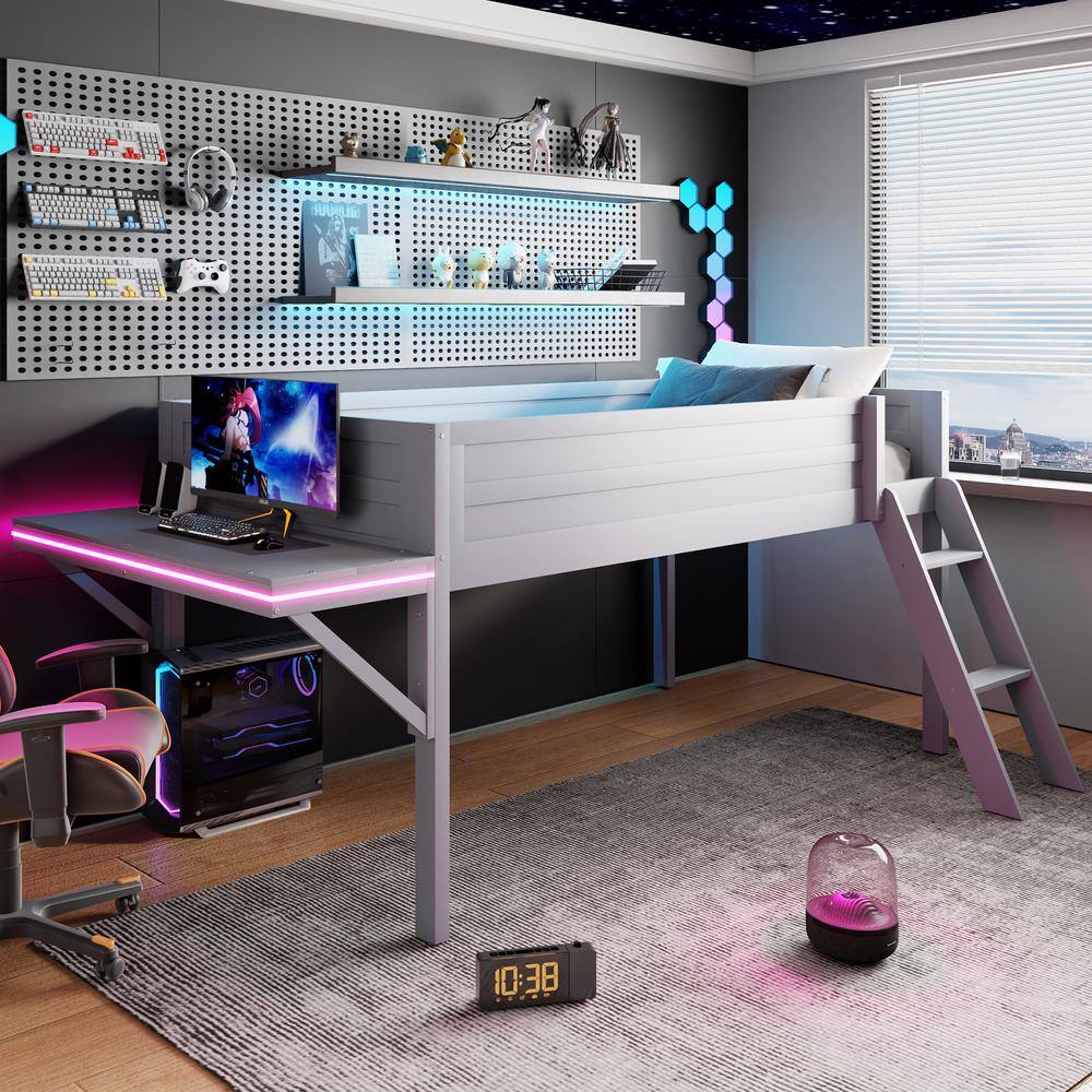 Harper & Bright Designs Gray Wood Twin Size Gaming Loft Bed with Desk ...