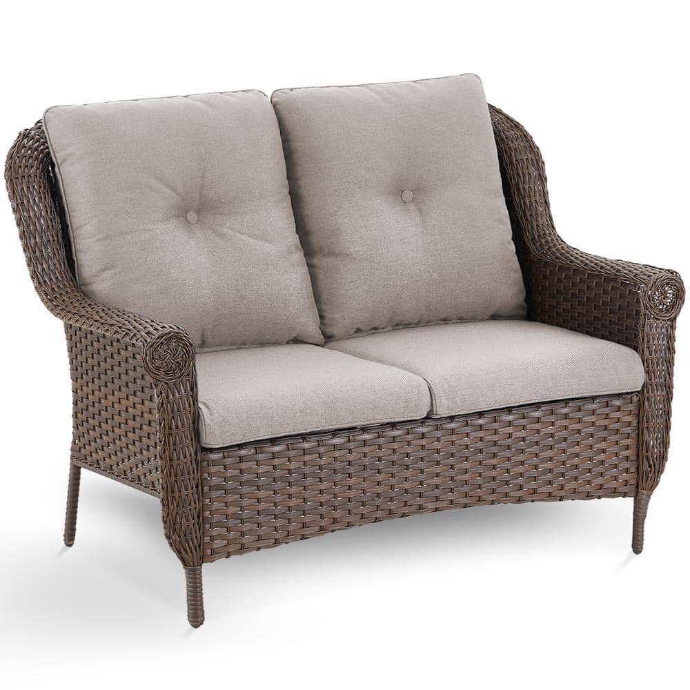 Gymojoy Floral Brown 1-Piece Wicker Outdoor Loveseat Patio 2-Seat Sofa ...