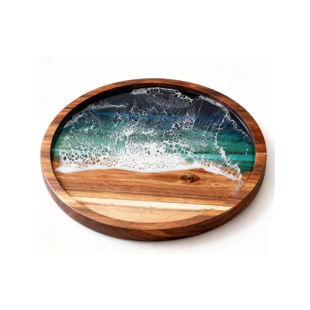 Brown Round Wood 12 in. D Ocean Wave Art Serving Decorative Tray ...