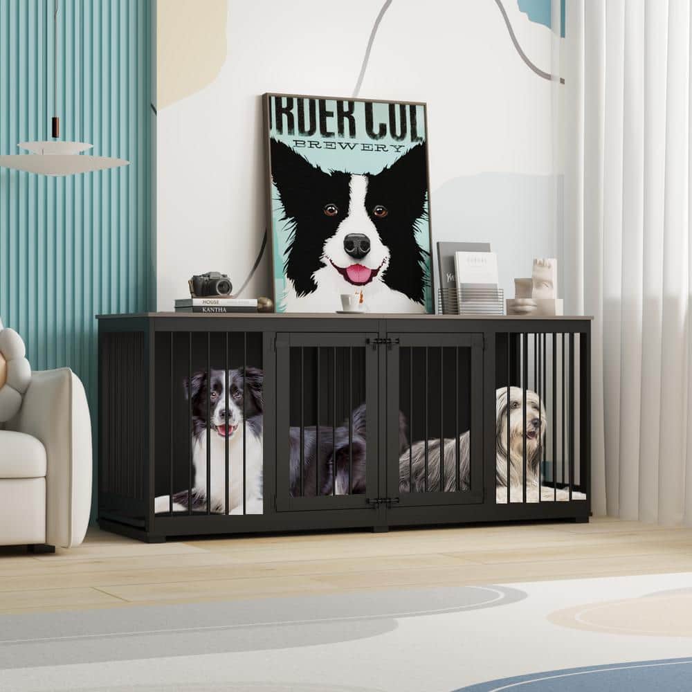 FUFU&GAGA 71 in. Heavy-Duty Wooden Dog Crate for 2 Dogs, Large Black Dog Crate Furniture w/Trays ...