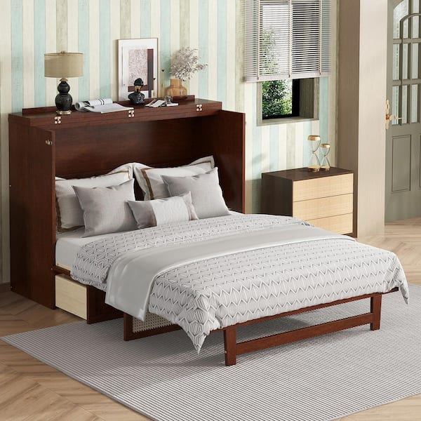 Noble House Cub Brown Wood Frame Queen Size Murphy Bed with Rattan ...