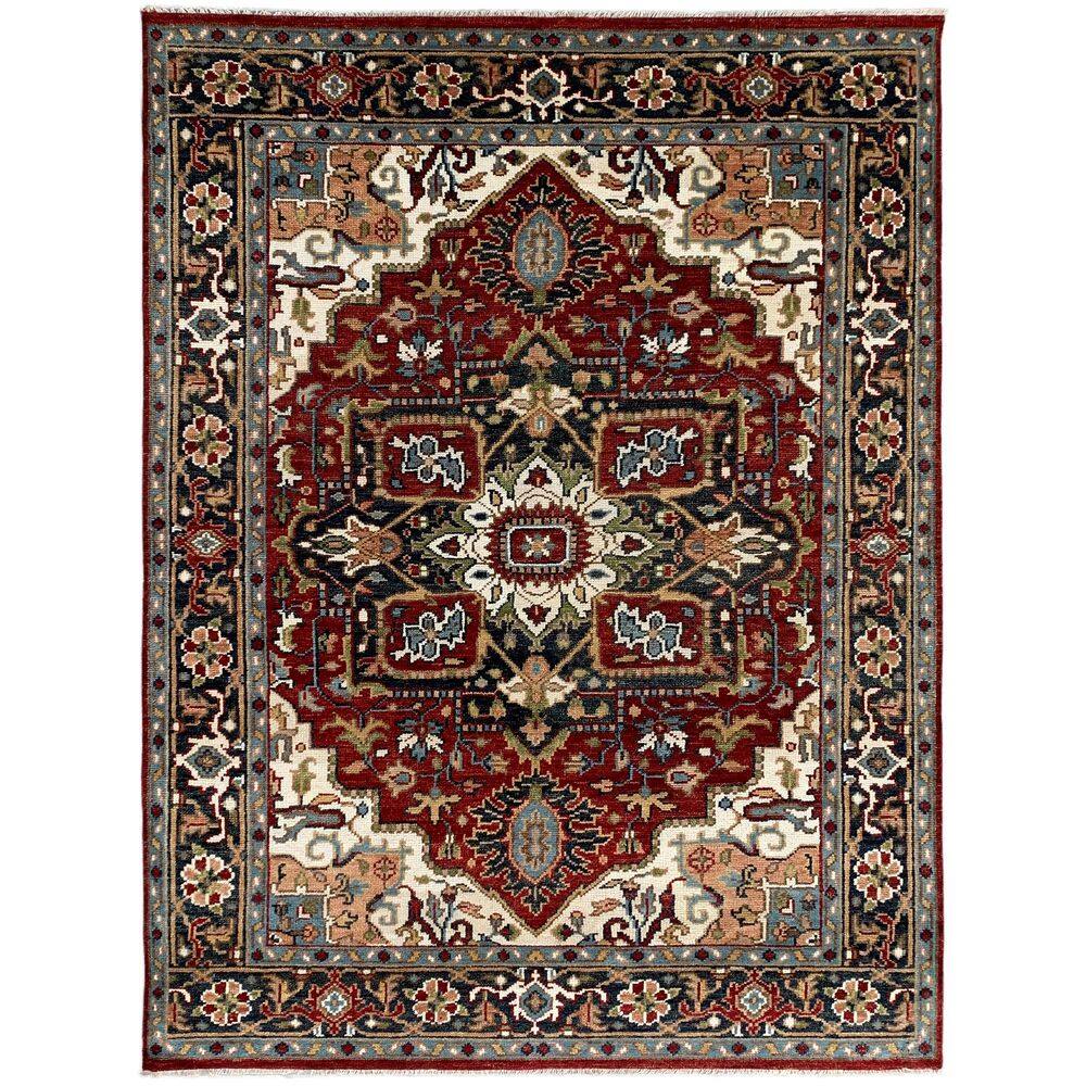 EORC Red/Navy 9 ft. x 12 ft. Hand Knotted Wool Traditional Serapi Area ...