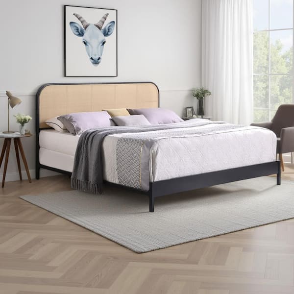 Benjara Ammy Black and Brown Metal Frame King Panel Bed with Radio ...