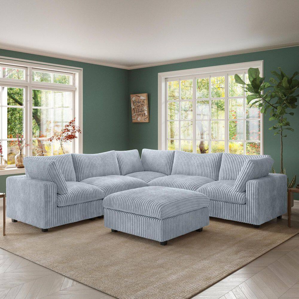 J&E Home Oversized 118.1 in. W Square Arm 6-Piece Rabbit Velvet Plush Modular Sectional Sofa in ...