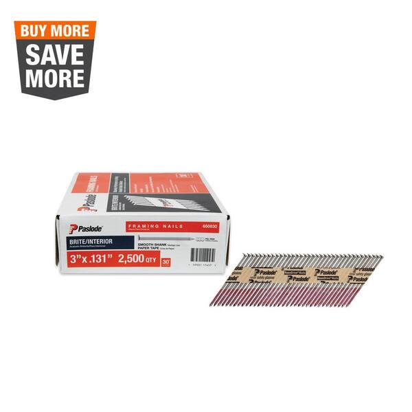 Paslode 3 in. x 0.131-Gauge 30-Degree Brite Smooth Shank Paper Tape Framing Nails (2500 per Box ...