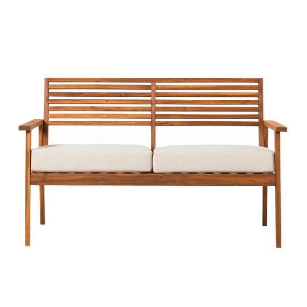 Brown Slatted Acacia Wood Mid Century Modern Outdoor Loveseat with Bisque Cushions