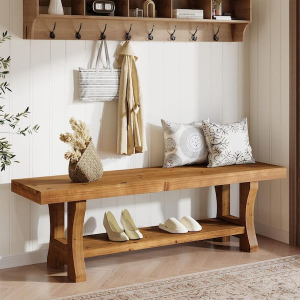 BYBLIGHT Penvilk 55.1 in. Light Brown Solid Wood Entryway Bench ...