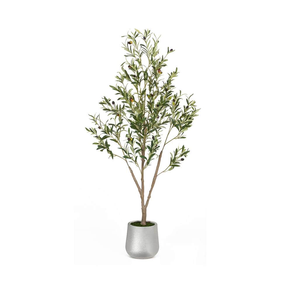 hykolity 5FT Artificial Olive Tree with Gray Tall Planter, Artificial ...