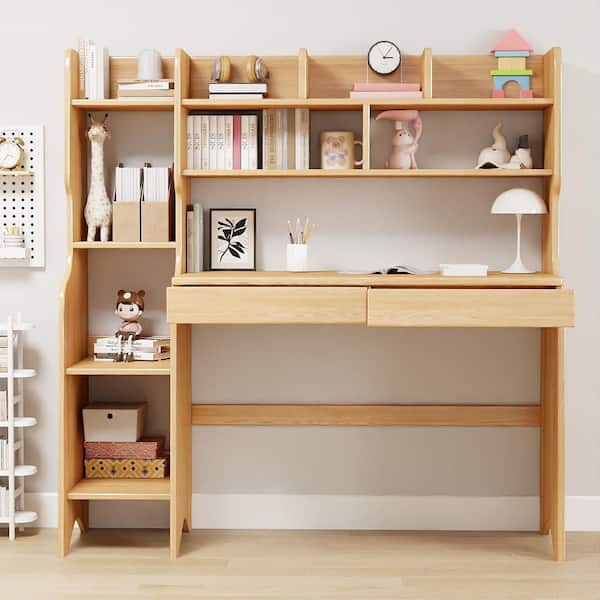 B BALANBO Beige Kids Study Desk with Hutch, Wooden Children's Computer ...