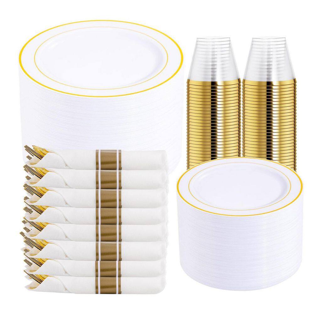 Anqtovp 50-Piece White Plastic Dinnerware Set Disposable Plates for ...