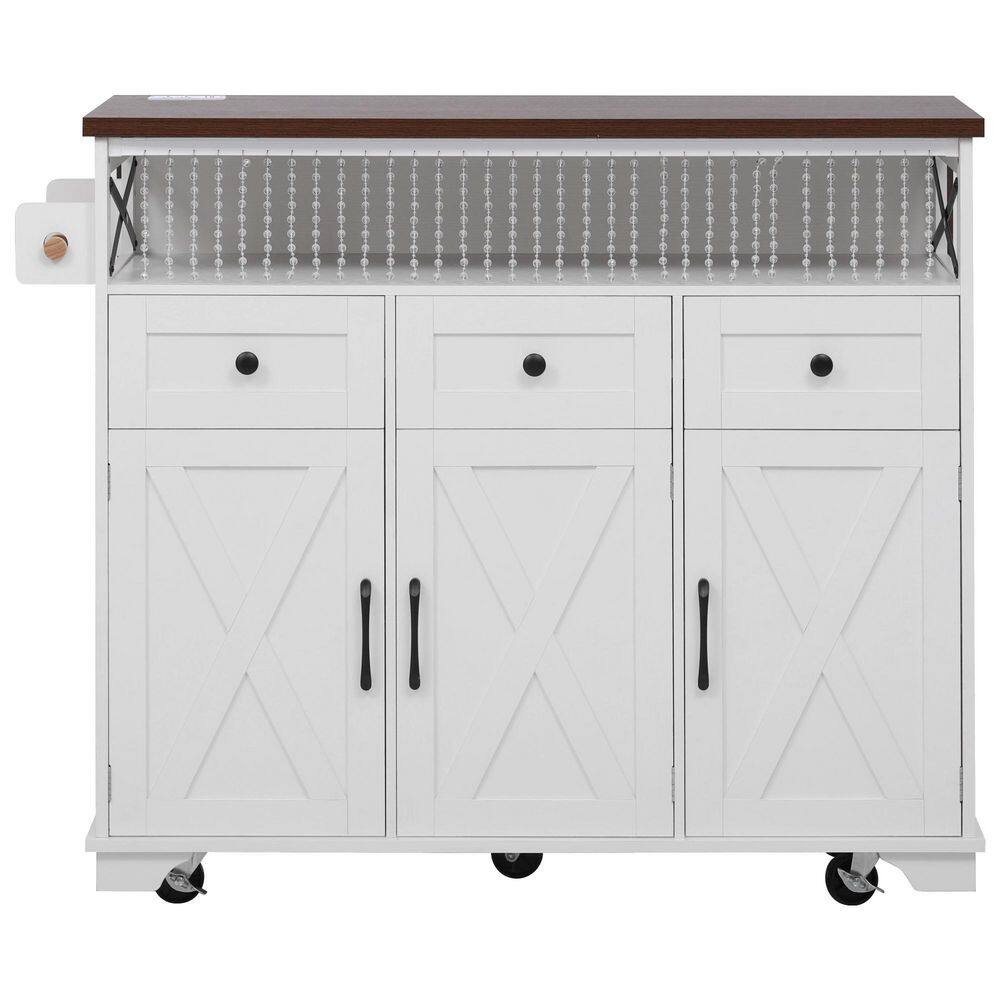 Staykiwi White Rubber Wood Kitchen Cart with Drape of Beads, Power ...