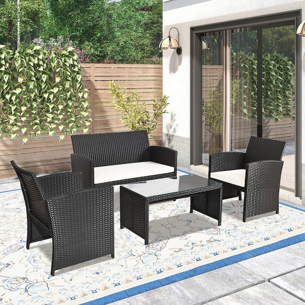 ANGELES HOME 4-Pieces Rattan Wicker Patio Furniture Set with White ...