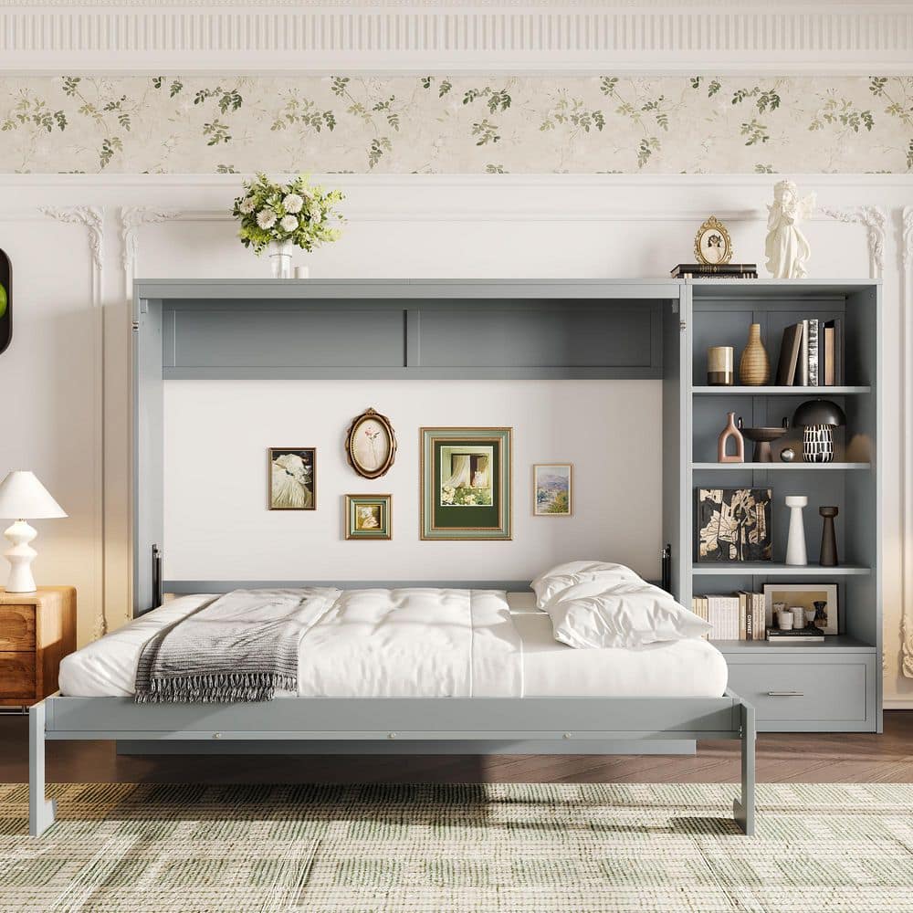Harper & Bright Designs Gray Wood Frame Queen Size Murphy Bed Wall Bed ...