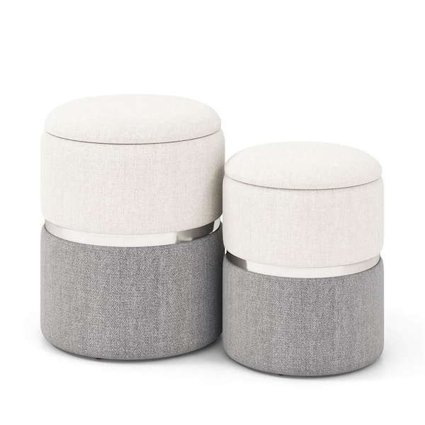 Costway Beige and Grey Linen Fabric Round Storage Small Ottoman ...
