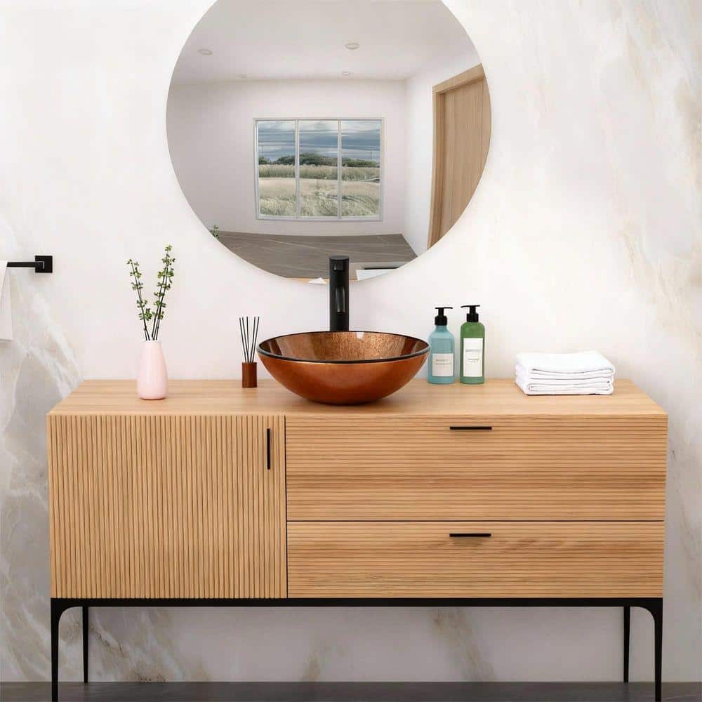 Qidian 15.5 in. Brown Oval Tempered Glass Vessel Bathroom Sink with Pop ...