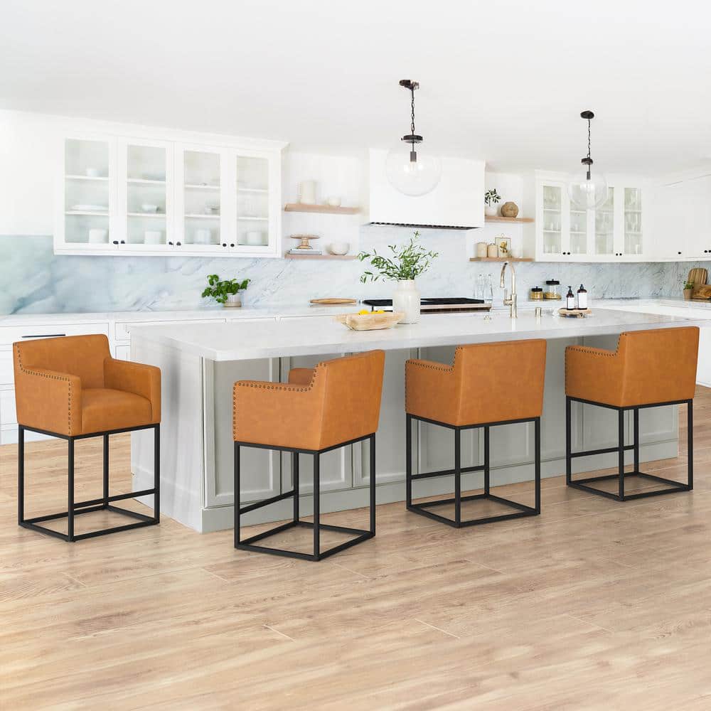 LUE BONA Luna 26 in. Whiskey Brown Faux Leather Counter Bar Stool with ...