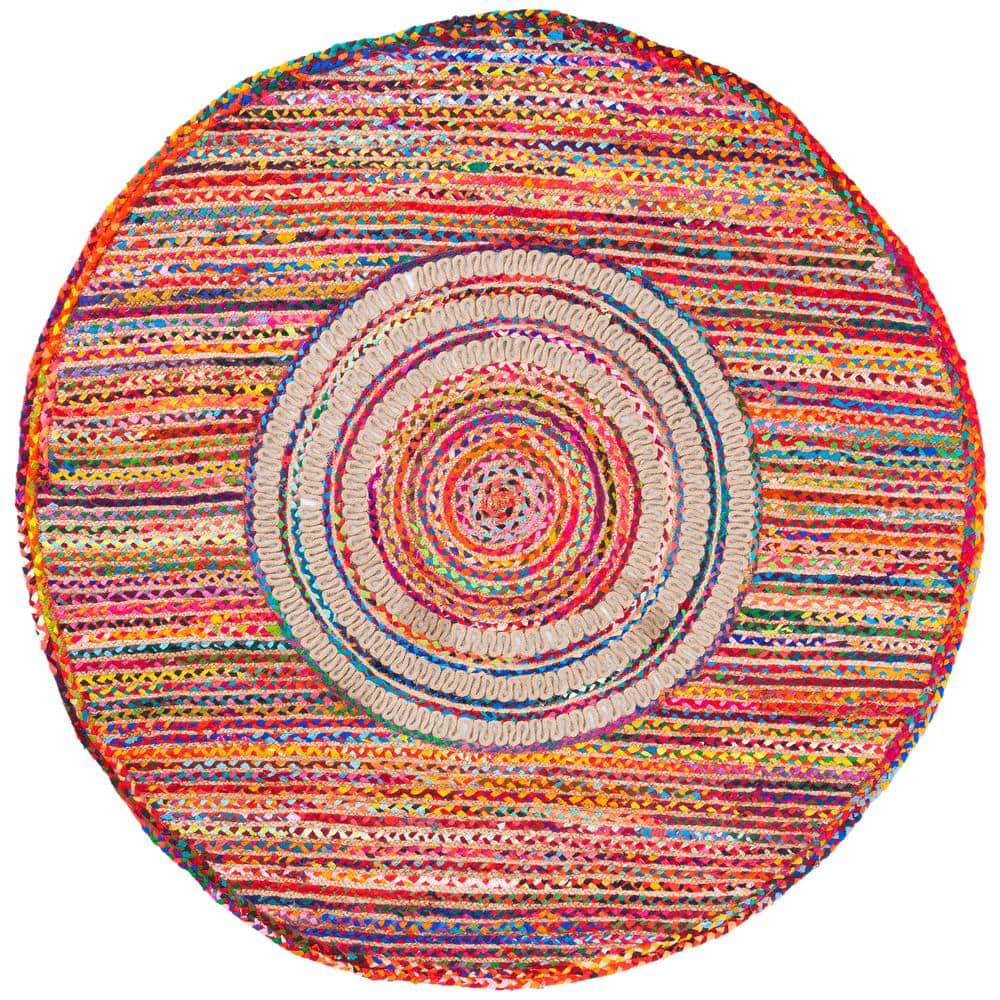 SAFAVIEH Braided Pink Red 5 ft. x 5 ft. Border Chevron Round Area Rug ...