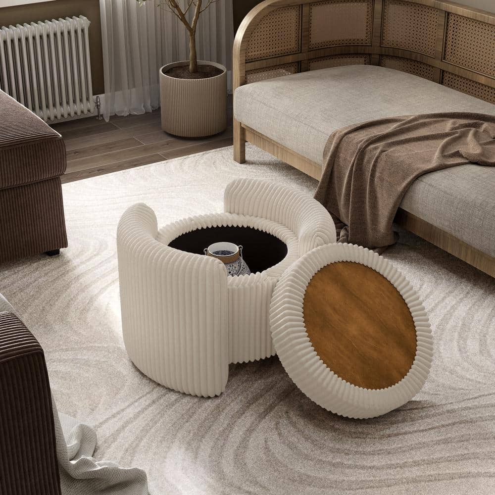 Furniture of America Fana Beige Corduroy Fabric Round Storage Ottoman ...