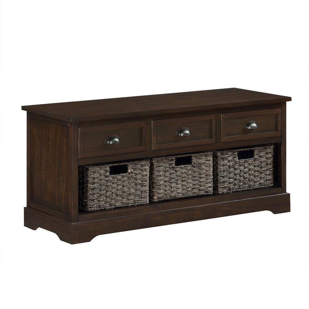 Huluwat Walnut Color Wood Storage Bench with 3-Drawers and 3-Woven ...