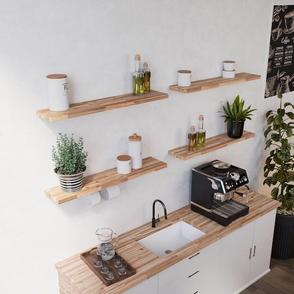 HARDWOOD REFLECTIONS Solid Wood Butcher Block Shelf 72in. W X 12in. D X ...