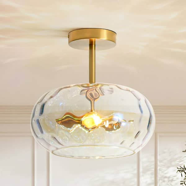 RRTYO Austin 11.8 in. 2-Light Modern Gold Ceiling Light Drum Iridescent ...