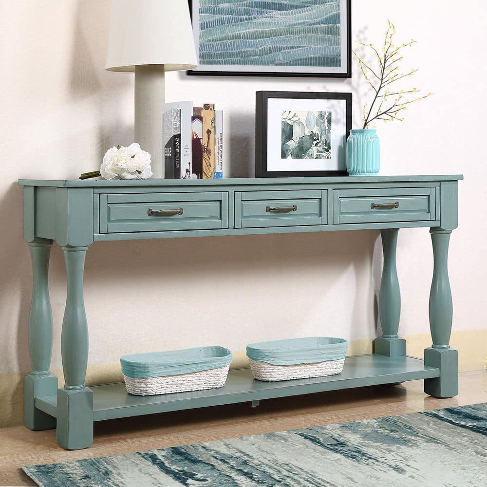 Noble House Adelaide 63.4 in. Retro Blue Rectangle Wood Console Table ...