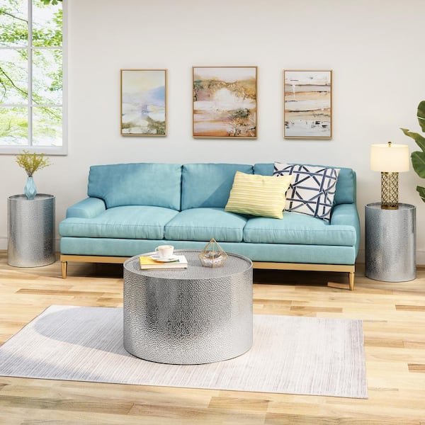 Noble House Braeburn 3 Piece 26 in. Silver Medium Round Metal Coffee Table Set 68196