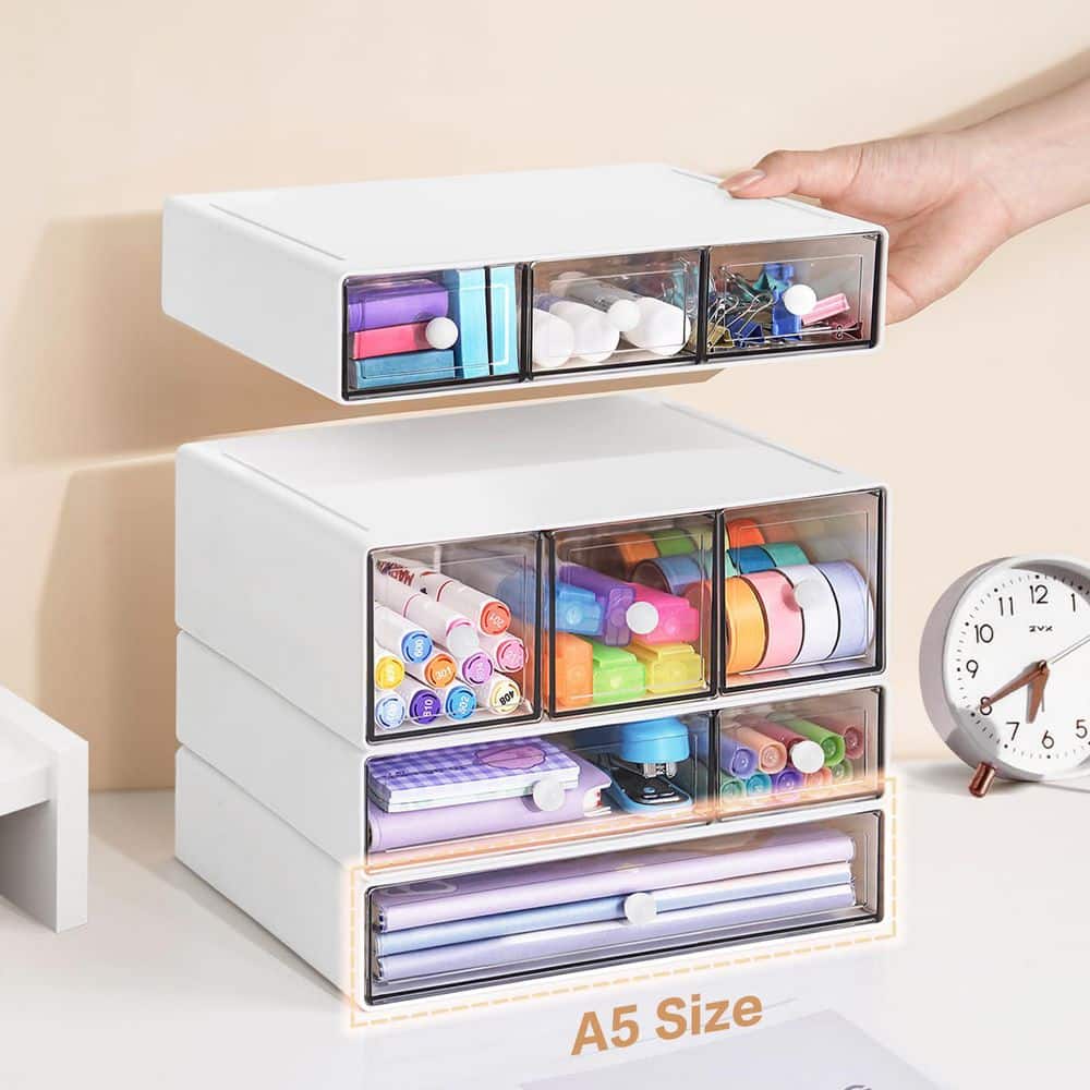 White 9 in. x 9 in. Stackable Plastic Desk Organizer with 9 Clear ...