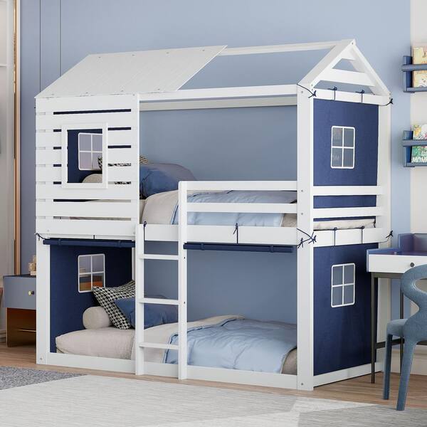 Polibi Blue Twin Size Bunk Wood House Bed with Tent RS-703890AAC - The ...