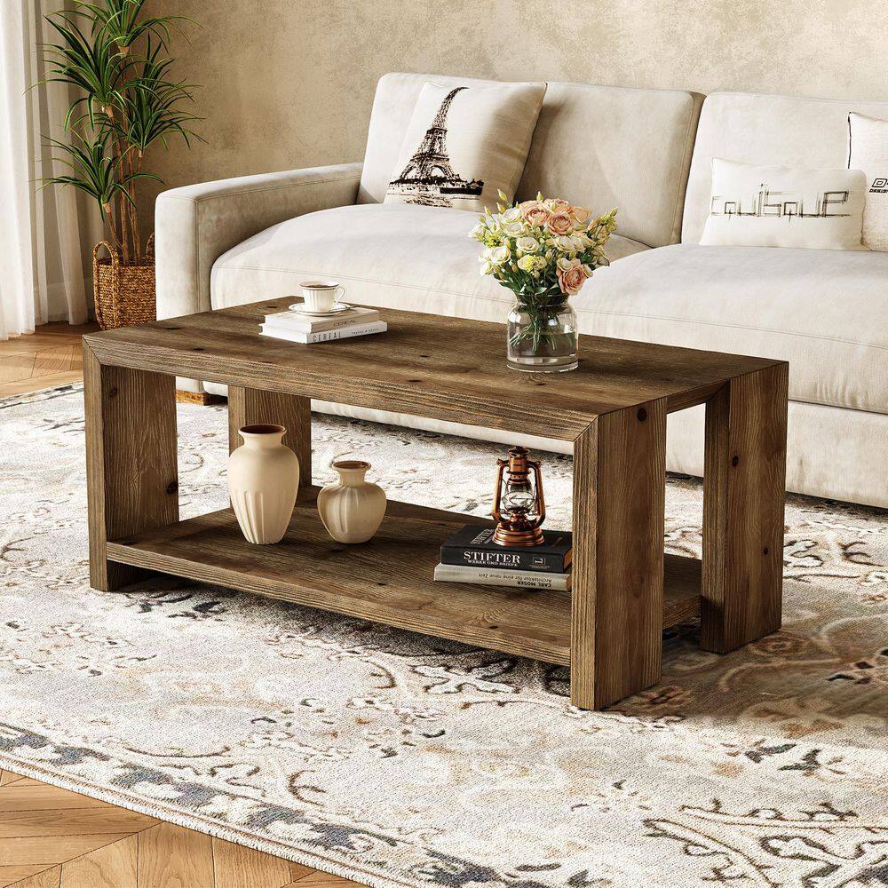 BYBLIGHT 47 in. Brown Rectangle Solid Wood Coffee Table, Farmhouse 2 ...