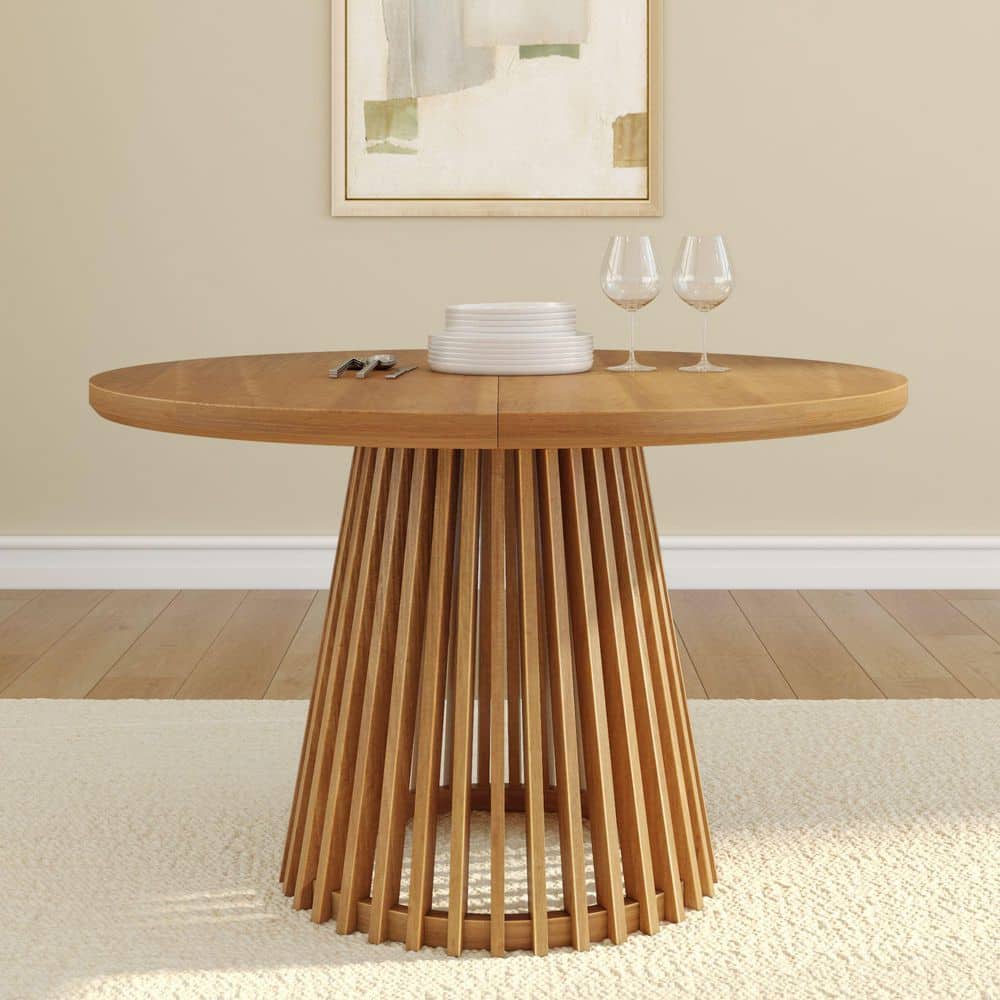 PLANK+BEAM Lido Modern Round Pecan Wood 47 in. Pedestal Dining Table ...