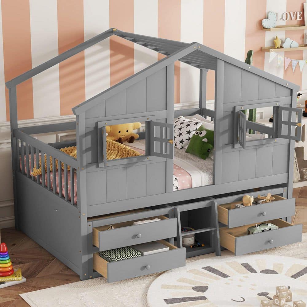 Noble House Eddie Grey Full Size House Loft Bed with Roof, Windows, 4 ...