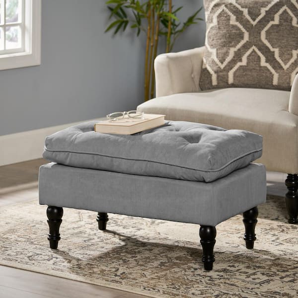CHRISTOPHER KNIGHT HOME Gray Fabric Rectangle Mid Century Morden Accent 28.5 in. Ottoman with Tufted Pillow Top Solid Birch Legs NH757005G