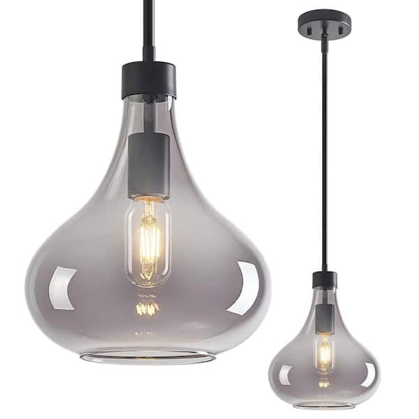 ZHLWIN Home Light 60-Watt 1 Light Black Pendant Light With Smoke Gray Glass Shade, No Bulbs ...