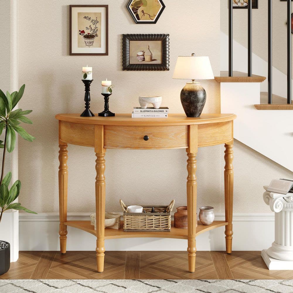 Harper & Bright Designs 39 in. Natural Farmhouse Half-Moon Wood Console ...
