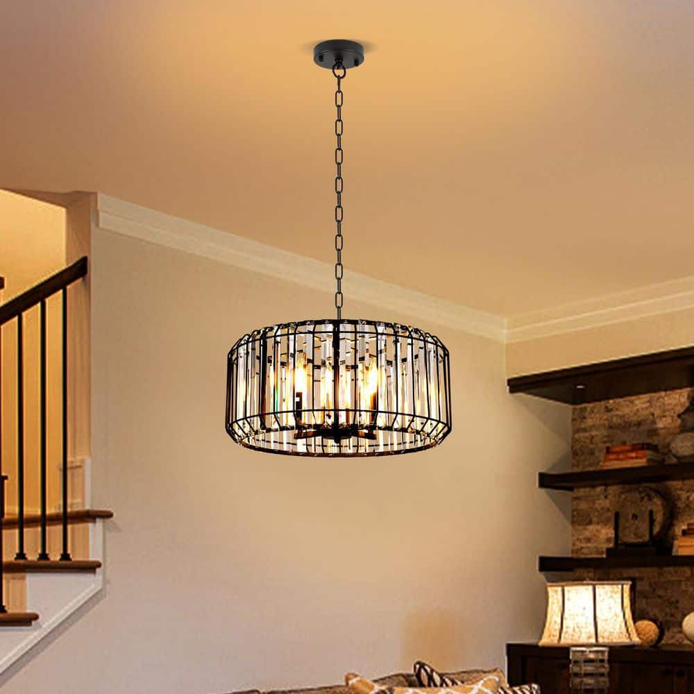 PAKOKULA Modren 18.9 in. 4-light Black Drum Chandelier Light with Glam ...