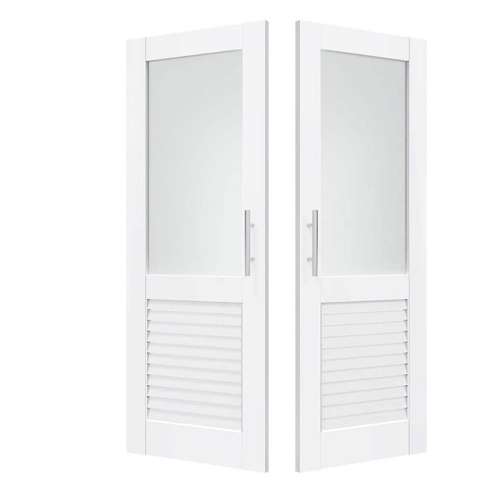 TENONER 64 in. x 80 in. Half Louver Half Frosted Glass White Primed ...