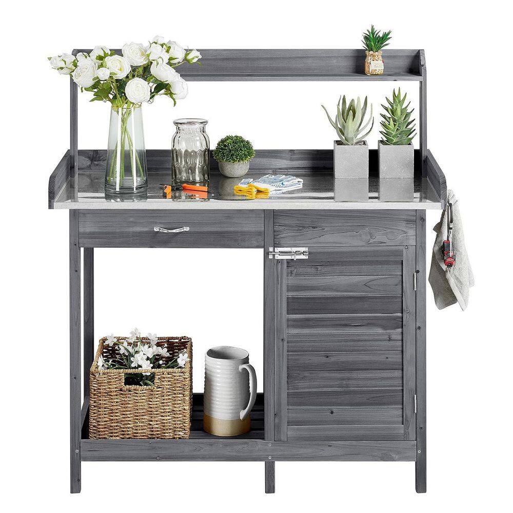 Outdoor Potting Bench : Metal-Top Garden Workstation with Storage (Gray ...