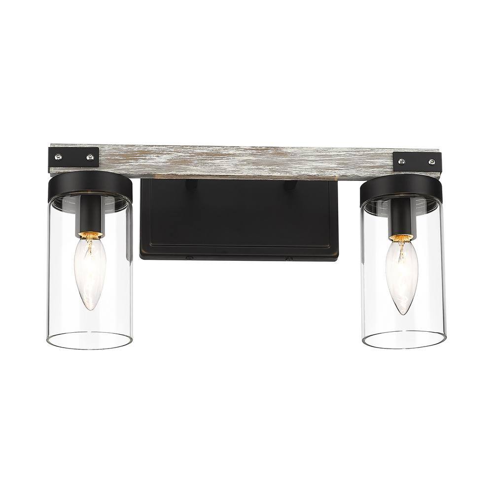 pasentel 15 in. 2-Light Matte Black and Light Wood Grain Bathroom ...