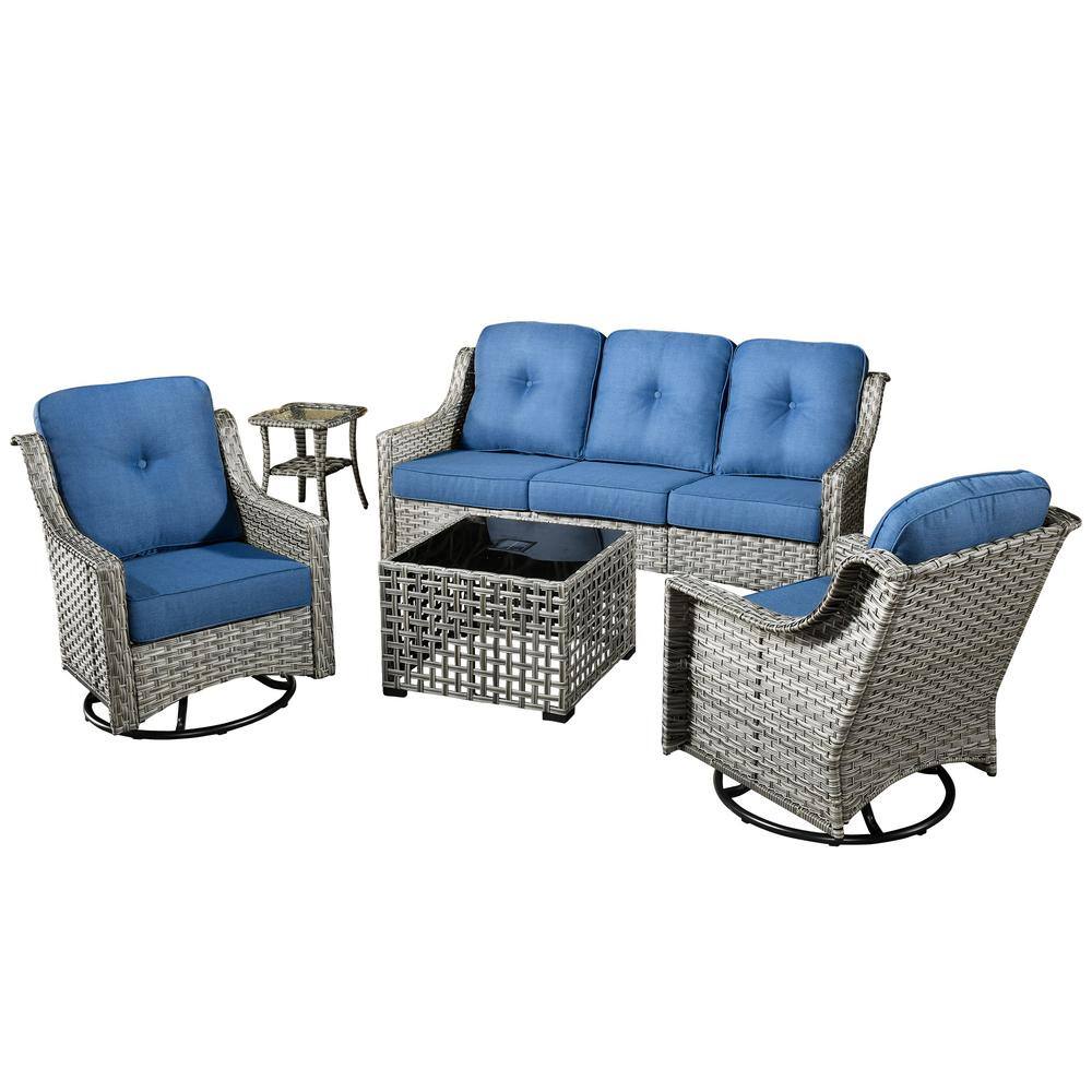 OVIOS Palffy Gray 5-Piece Wicker Patio Conversation Seating Set with ...