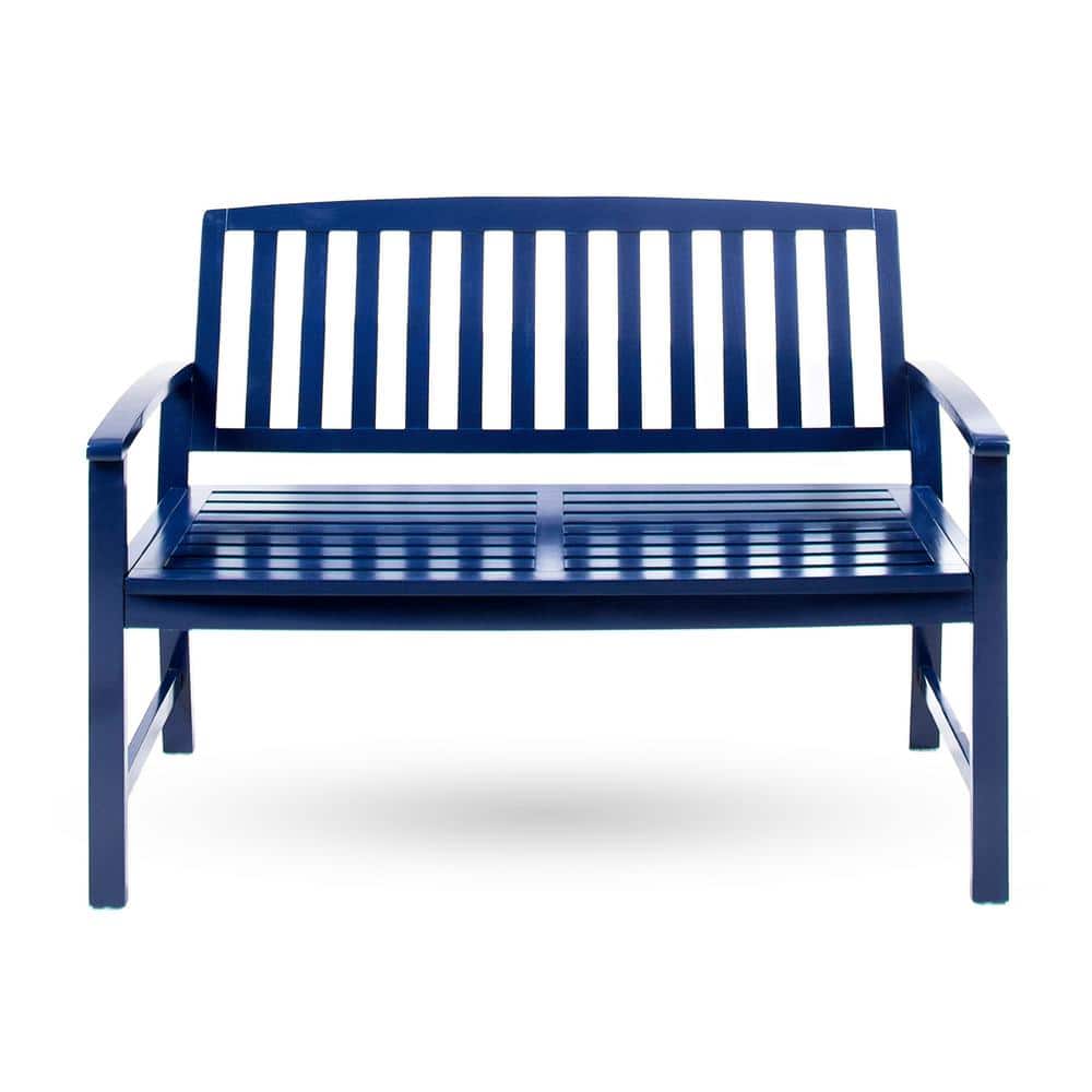 Zeus & Ruta 48.82 in. 2-Person Navy Blue Wood Outdoor Bench Patio ...