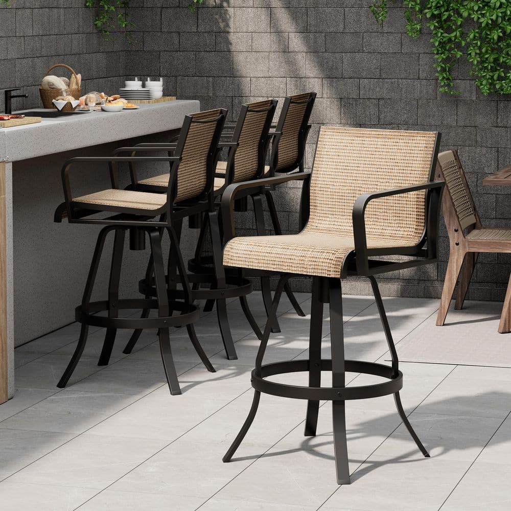 Pellebant Swivel Metal Aluminum Outdoor Bar Stool in Brown Textilene ...