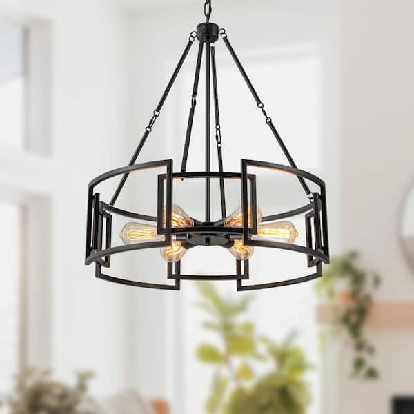 TinHon 6-Light Farmhouse Black Metal Chandelier with Open Iron Frame ...