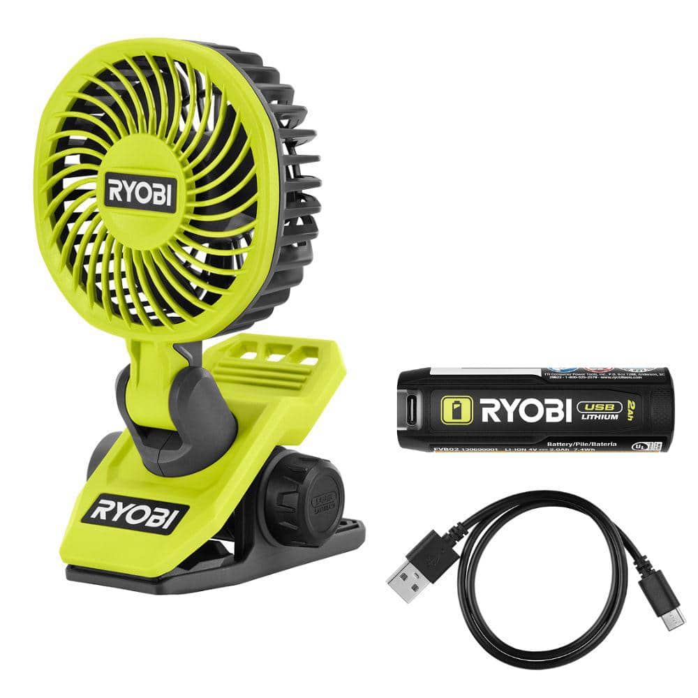 RYOBI USB Lithium Clamp Fan Kit with 2.0 Ah USB Lithium Battery and ...