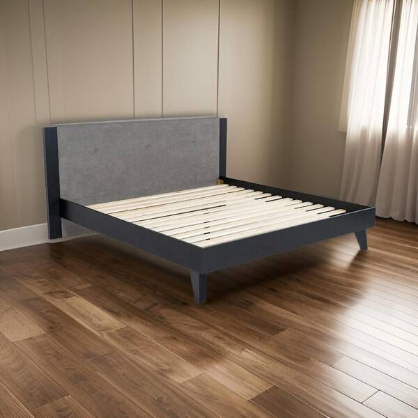 Benjara Pio Gray and Black Wood Frame King Panel Bed with Angled Legs ...
