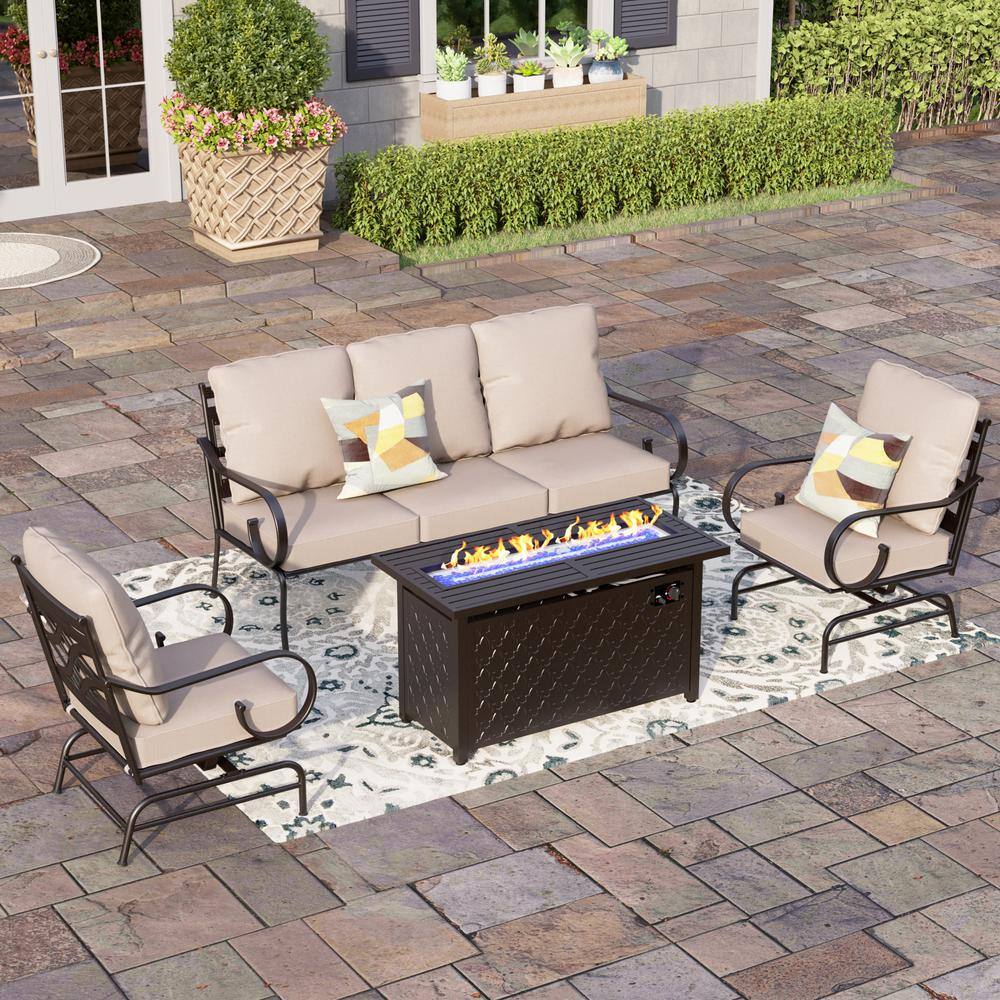 PHI VILLA Black Metal 5 Seat 4-Piece Steel Outdoor Fire Pit Patio Set ...