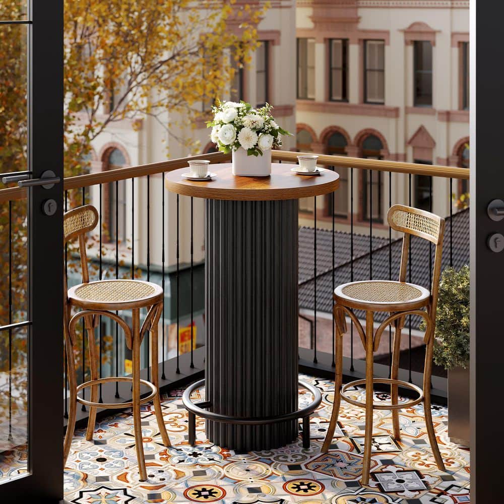 BYBLIGHT Kearsten 39.4 in. H Black & Brown Round Bar Table, Bistro Pub ...